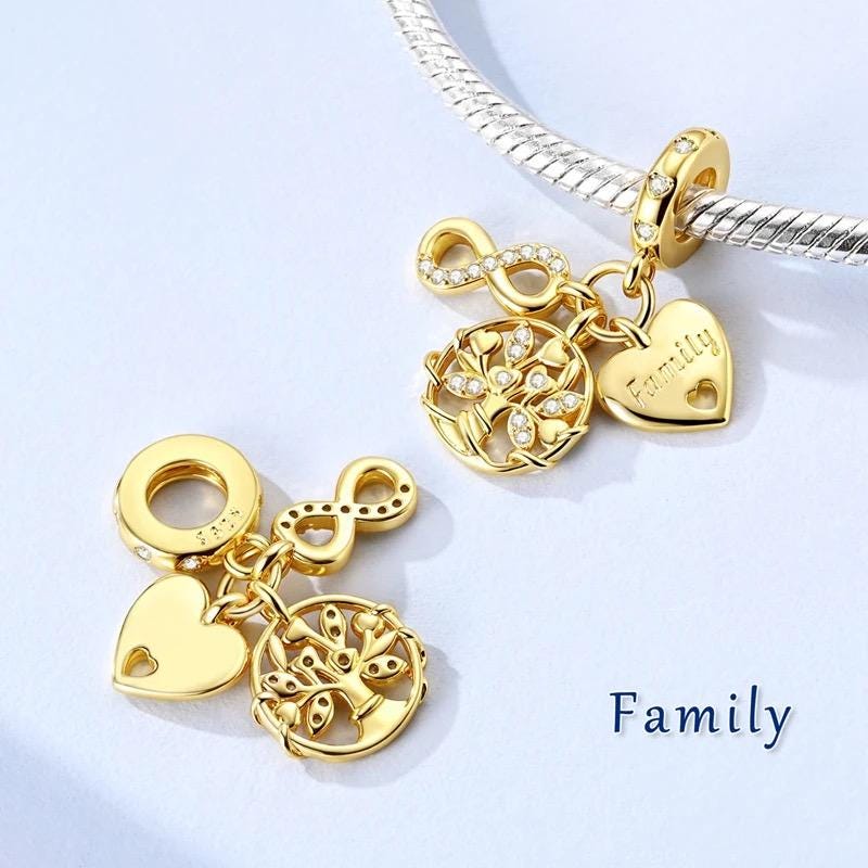 Family Tree Bead Fits Pandora Charm Bracelet, Gold Infinity Heart Dang ...